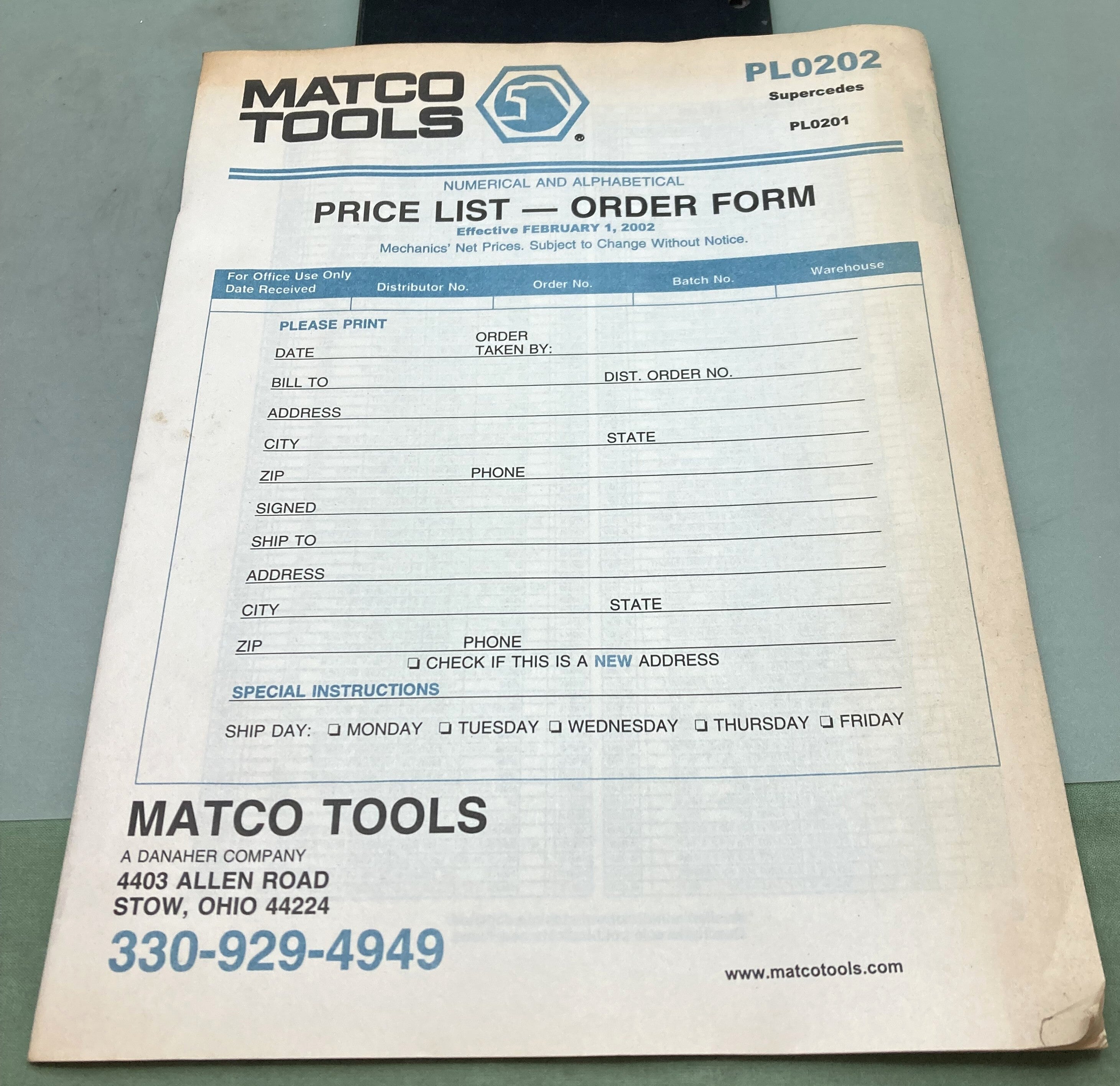 New Genuine Matco Tools PL0202 Price List Order Form 2002 – Merica ...